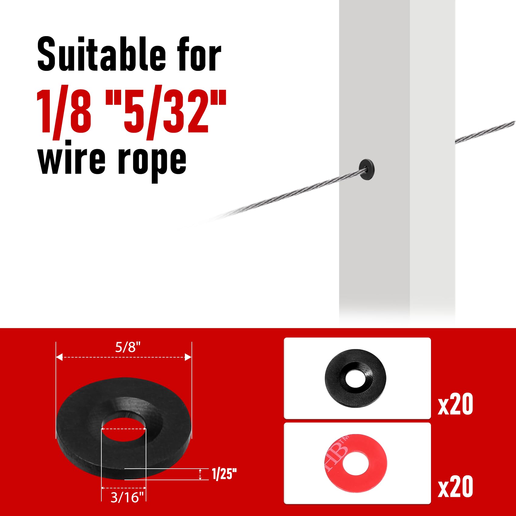 Snapklik.com : 20 Pack Black Cable Railing Kit Adhesive Grommet For 1/8 ...