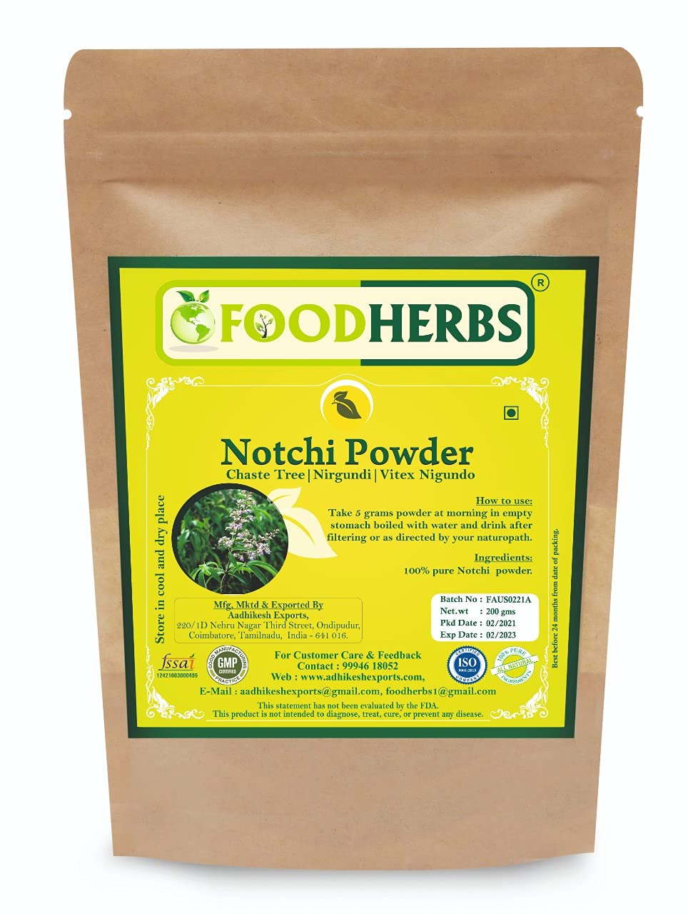 Amazon.com : FOODHERBS Notchi Leaf Powder | 200 g / 0.44 Lbs | Vitex ...