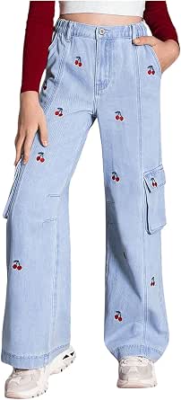 Amazon.com: WDIRARA Girl's Cherry Print Jeans Elastic Waist Wide Leg ...