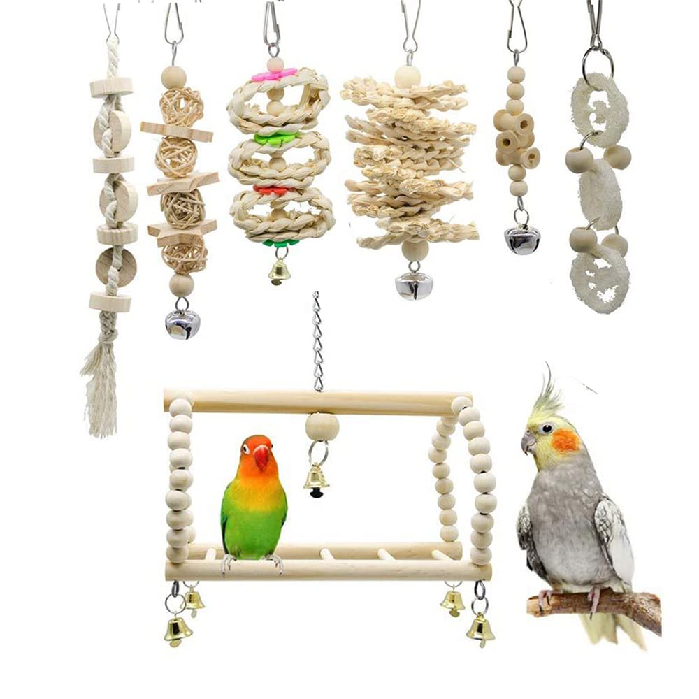 7-Piece Wooden Bird Chewing Toy，Parrot cage Foraging Hanging Toy ...