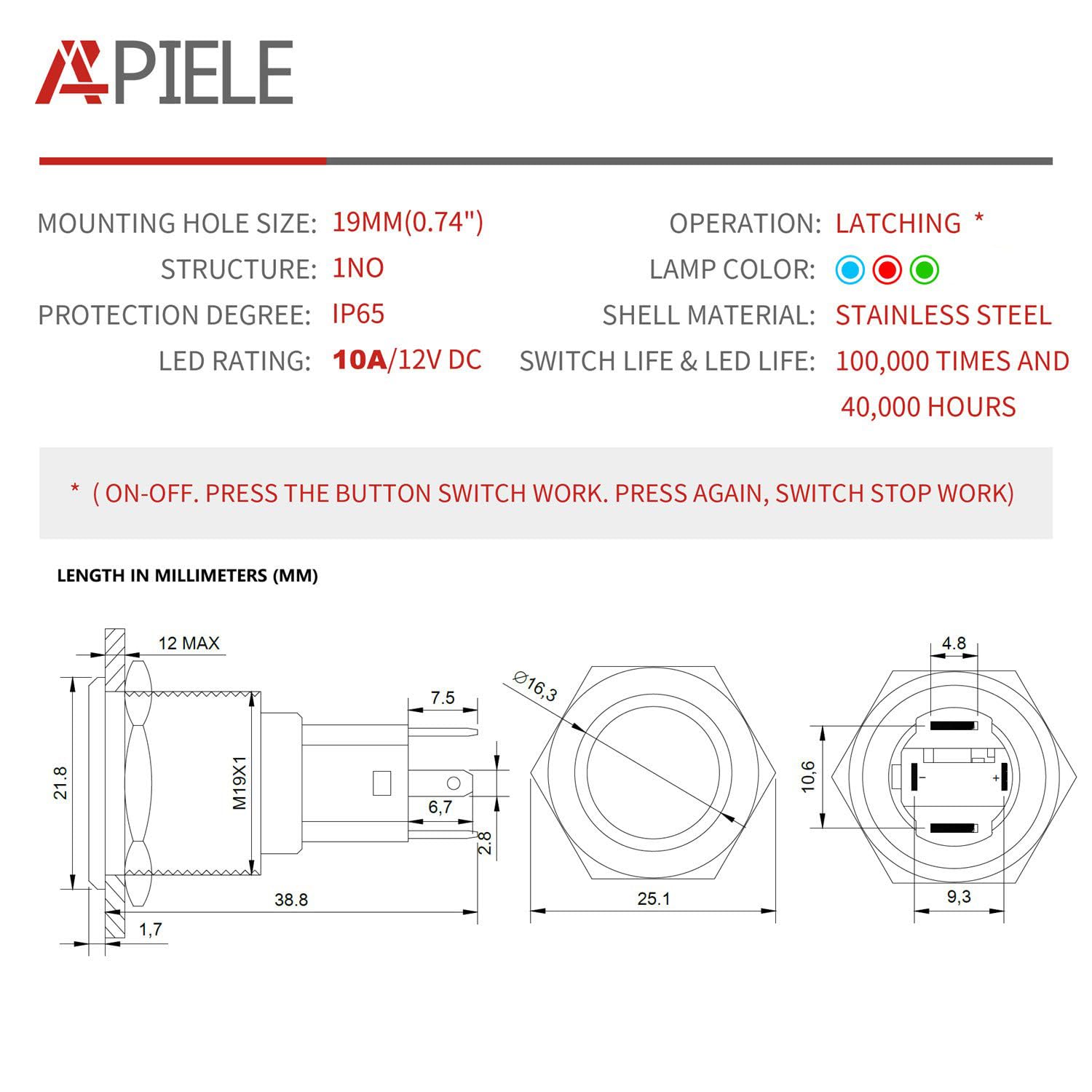 Snapklik.com : APIELE Push Start Ignition Switch, Off-(ON) Instant ...