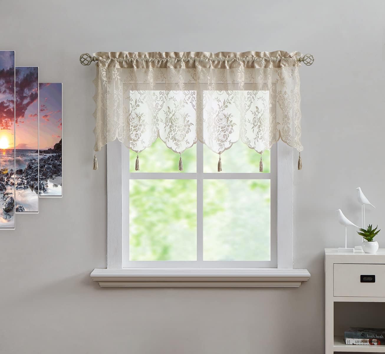 Amazon.com: ASATEX 54” Wide x 22” Long Lace Kitchen Valance with 6 ...