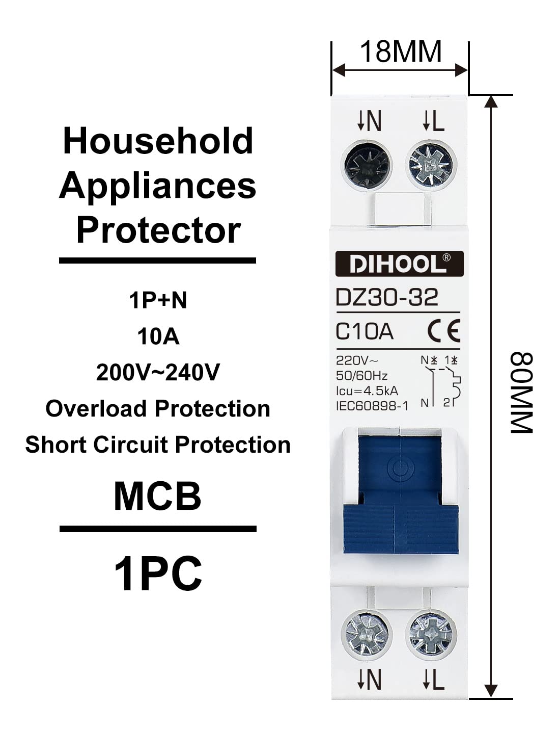 DIHOOL MCB Circuit Breaker 1P+N 10A phase line + neutral line Din Rail ...