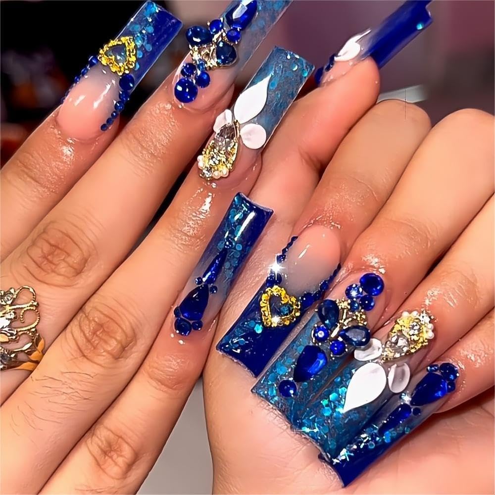 Amazon.com: QQPPOLIU Royal Blue Press on Nails Long Length Square Shape ...