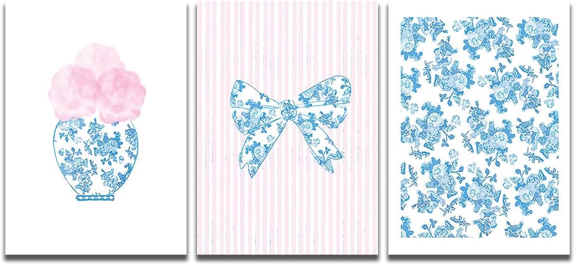 Amazon.com: 3 Piece Preppy Canvas Wall Art Bow Wall Art Blue and White ...