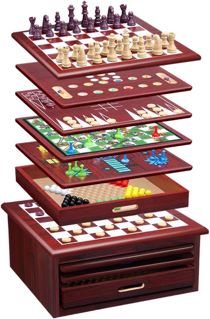 10 in 1 Wooden Chess Board Games Slide Out Checkers House Unit Set ...