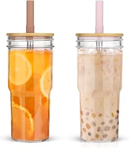 Amazon.com: Zukro 24 oz Glass Tumbler with Bamboo Lid and Straw 2 Pack ...