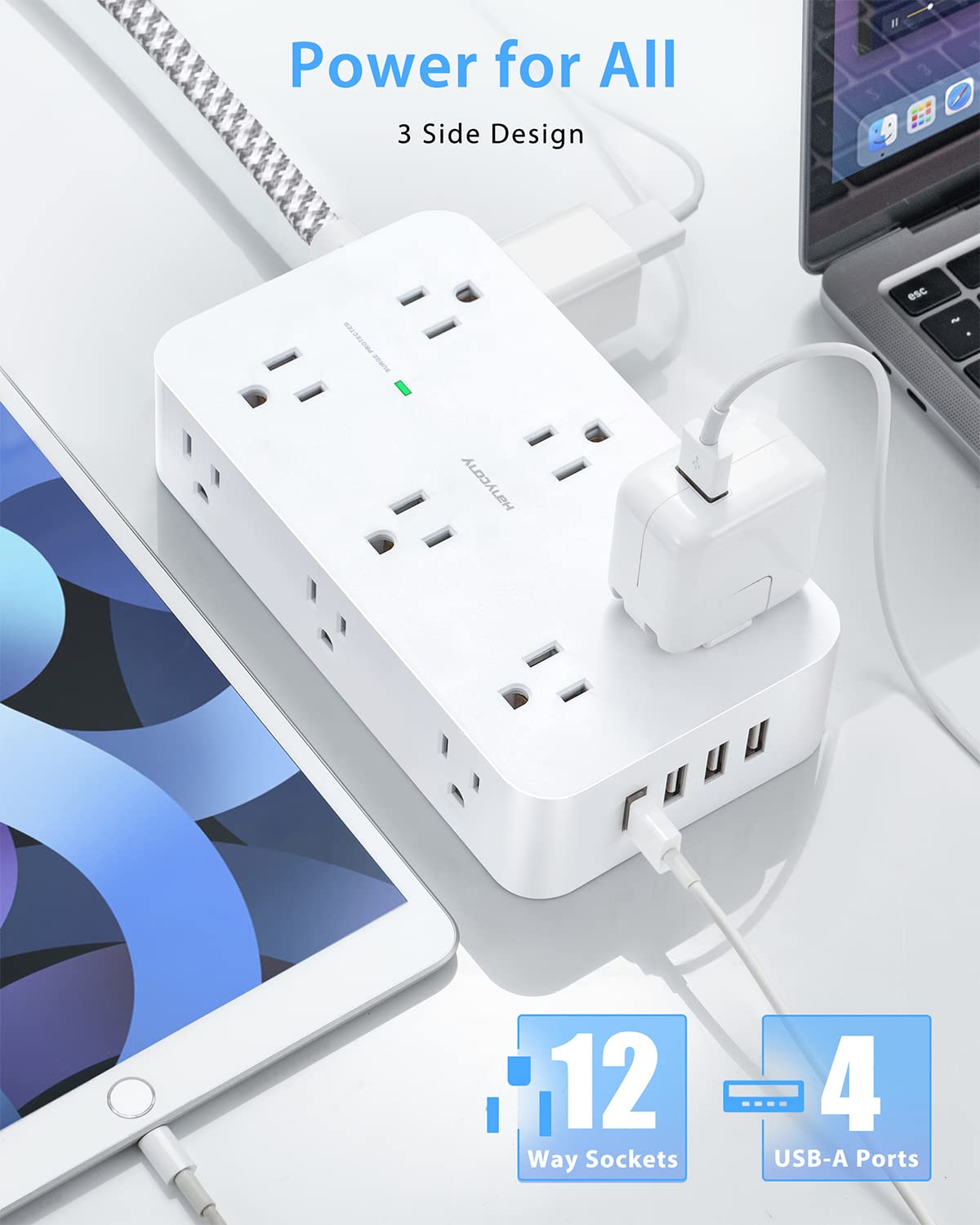 Power Strip Surge Protector- HANYCONY 3 Side 12 Wide Outlets 4 USB ...