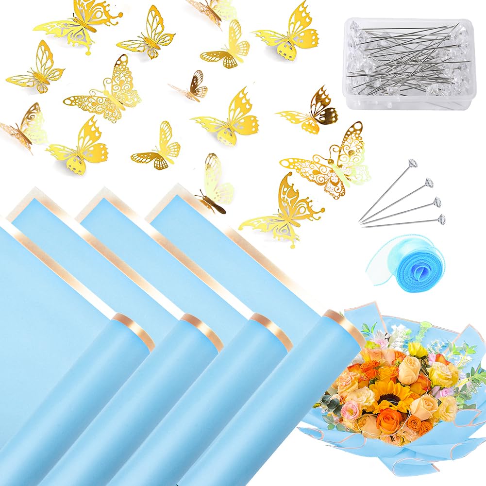 20 Sheets Blue Wrapping Paper with Satin Ribbon, Waterproof Florist ...