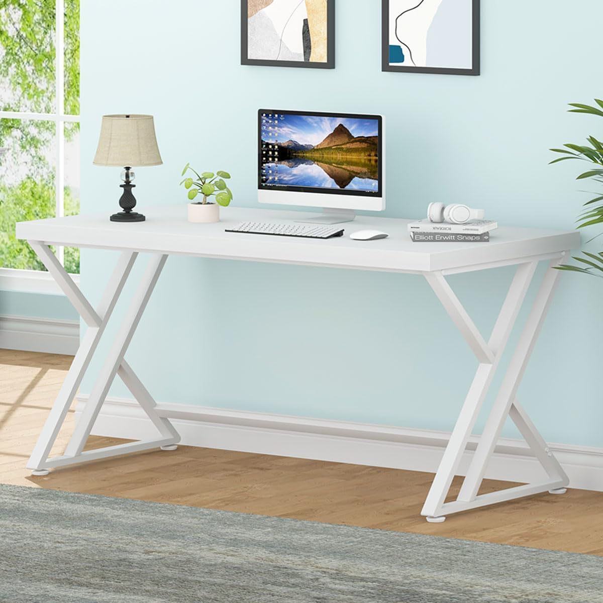 Amazon.com: LVB White Long Computer Desk, Modern Large Wood Metal ...