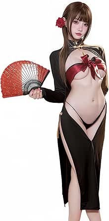 Amazon.co.jp: [SENMHS] セクシー チャイナドレス風 コスプレ ランジェリー 4点セット（胸あきドレス・Tバック・バストバンド・ニップレス） スリット入りベビードール ...