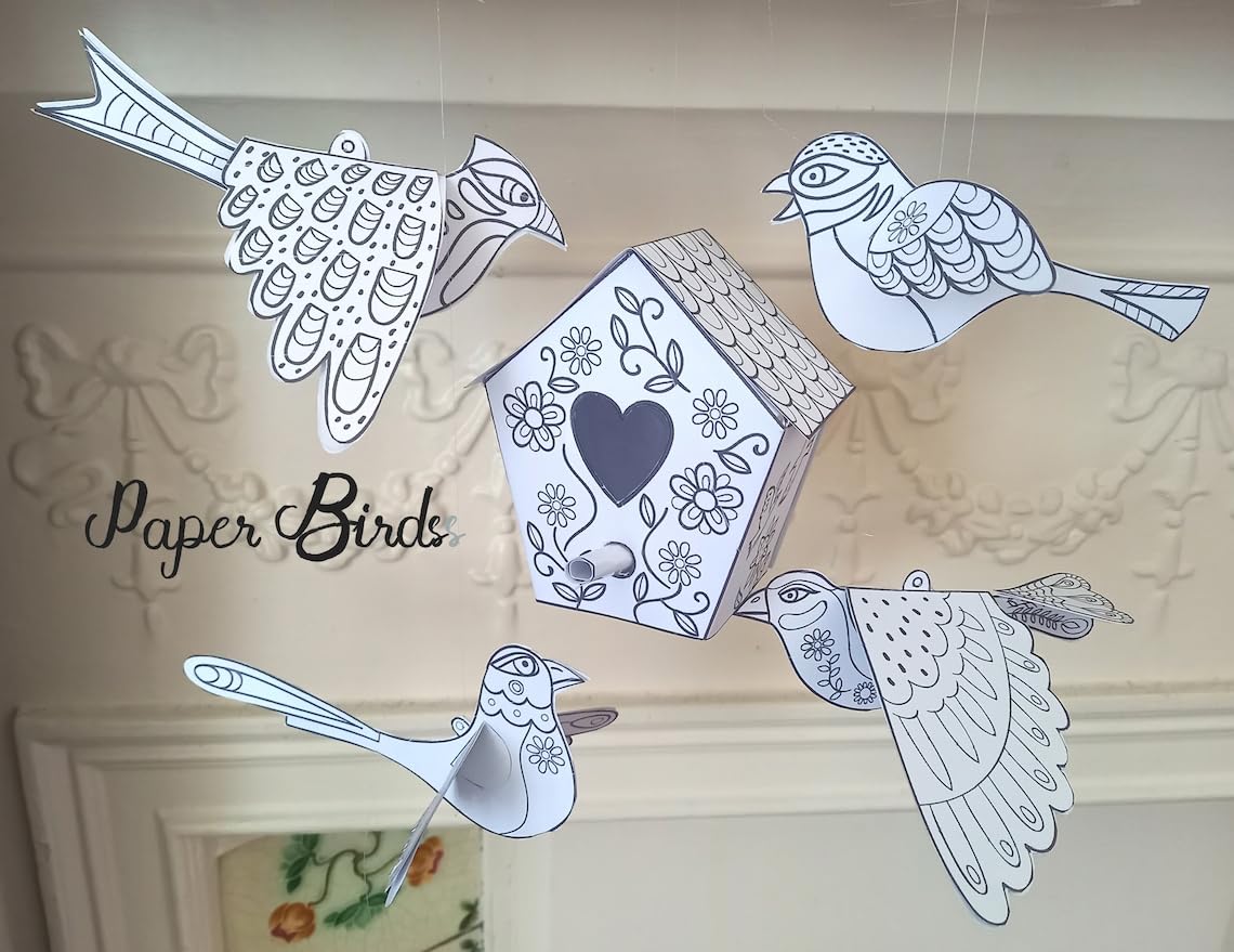 EROTNGO 3D Paper Birds with Bird House Paper Hanging Colouring and ...