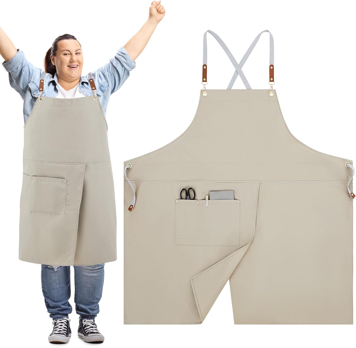 Amazon.com: Langyiwee Plus Size Apron with Large Pocket for Men Women ...