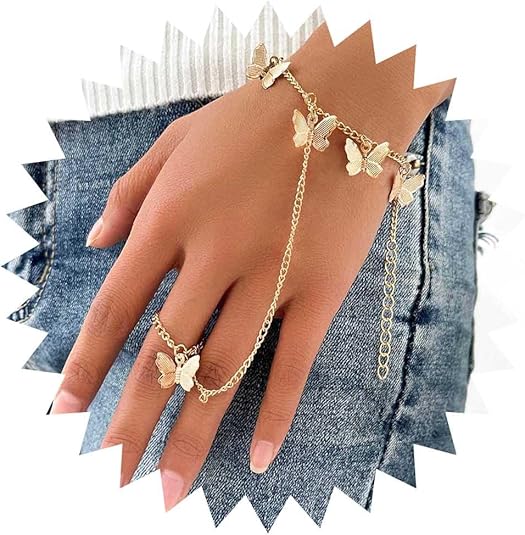 Amazon.com: Zeshimb Boho Butterfly Ring Hand Chain - Gold Butterflies ...