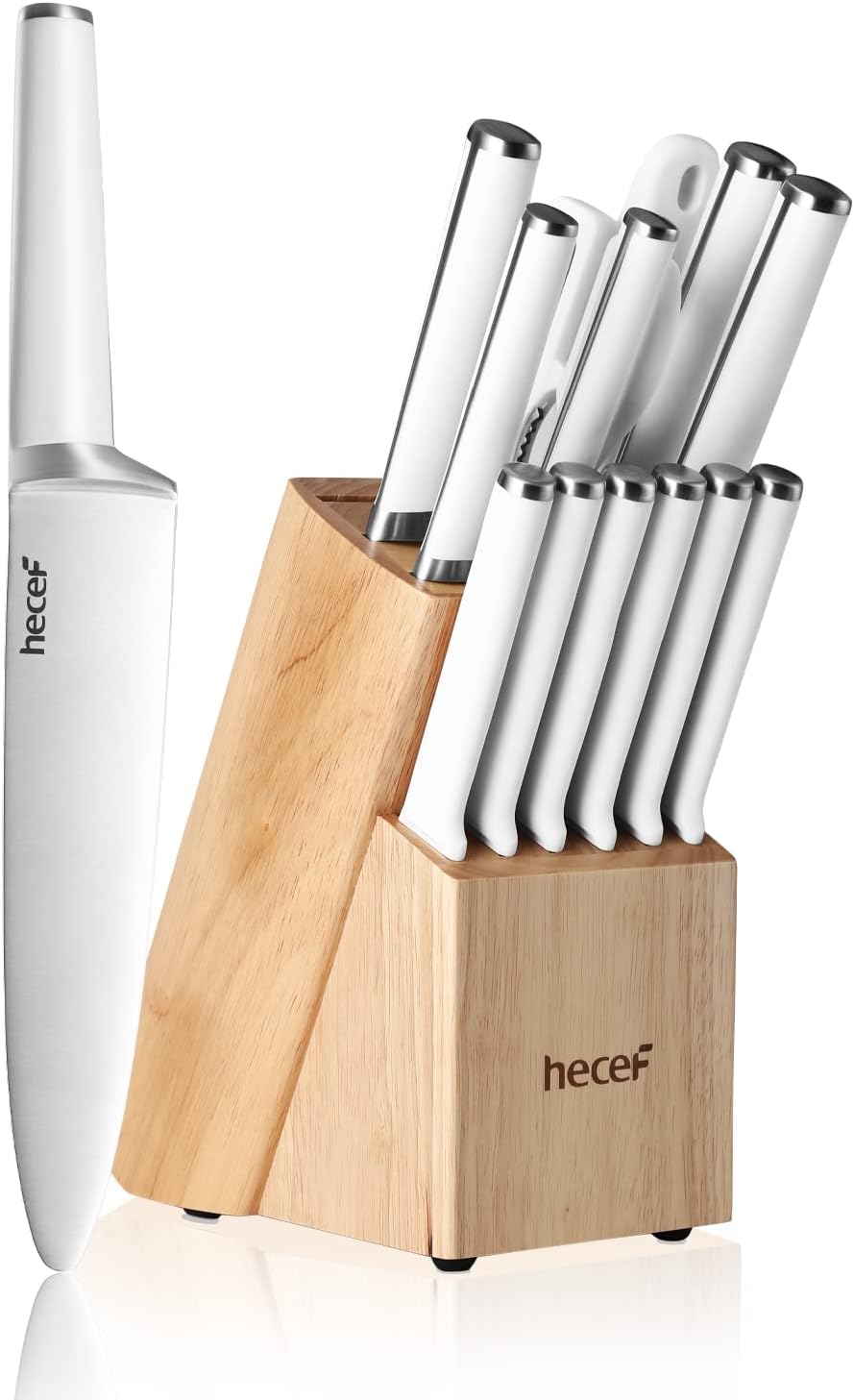 Amazon.com: hecef Kitchen Knife Set with Wooden Block 15 PCS White ...