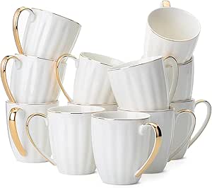 BTaT- White Coffee Mugs with Gold Rim, Set of 12, 12oz, Porcelain ...