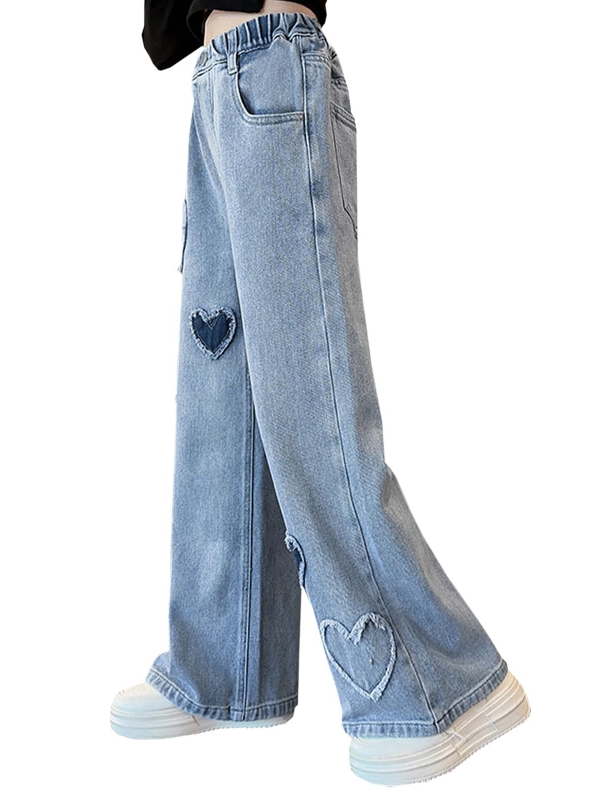 Snapklik.com : SANGTREE Girls High Elastic Waist Heart Patchwork Jeans