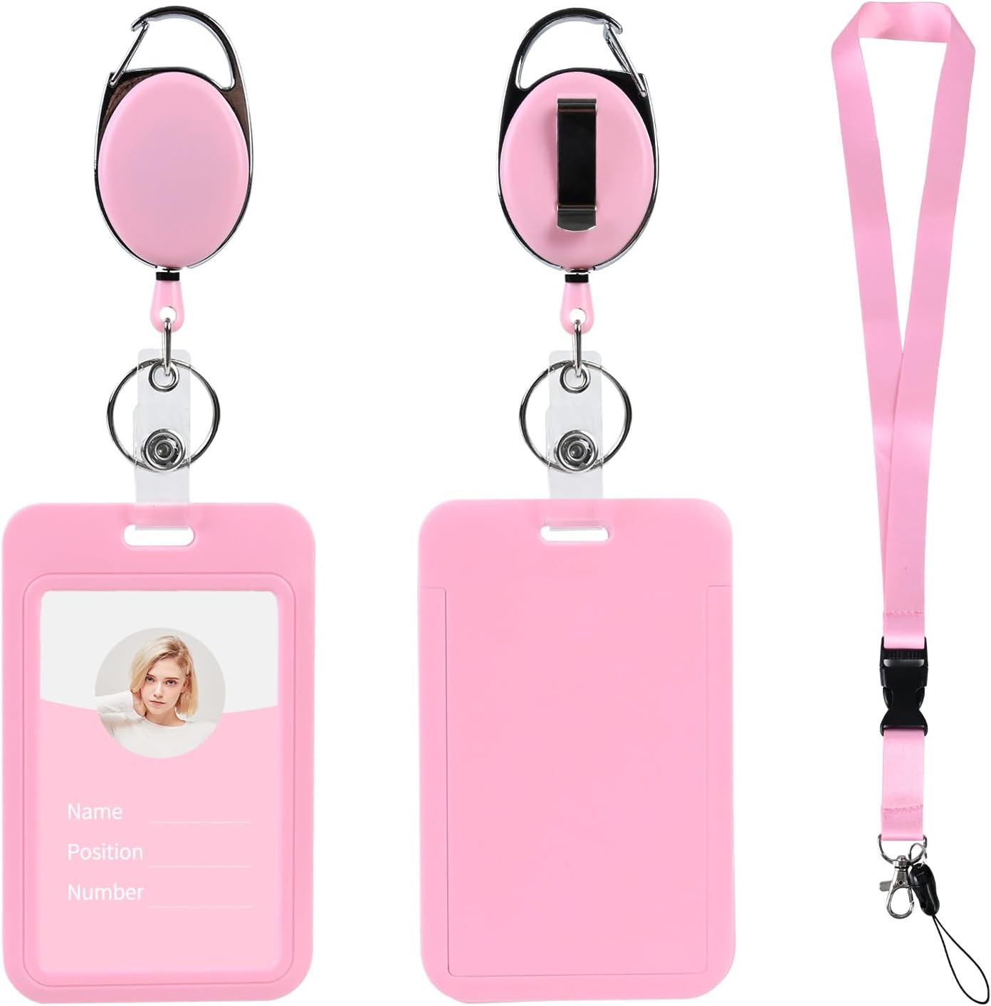 Pink ID Badge Holder and Retractable Reel Clip,Landyard Keychain with ...