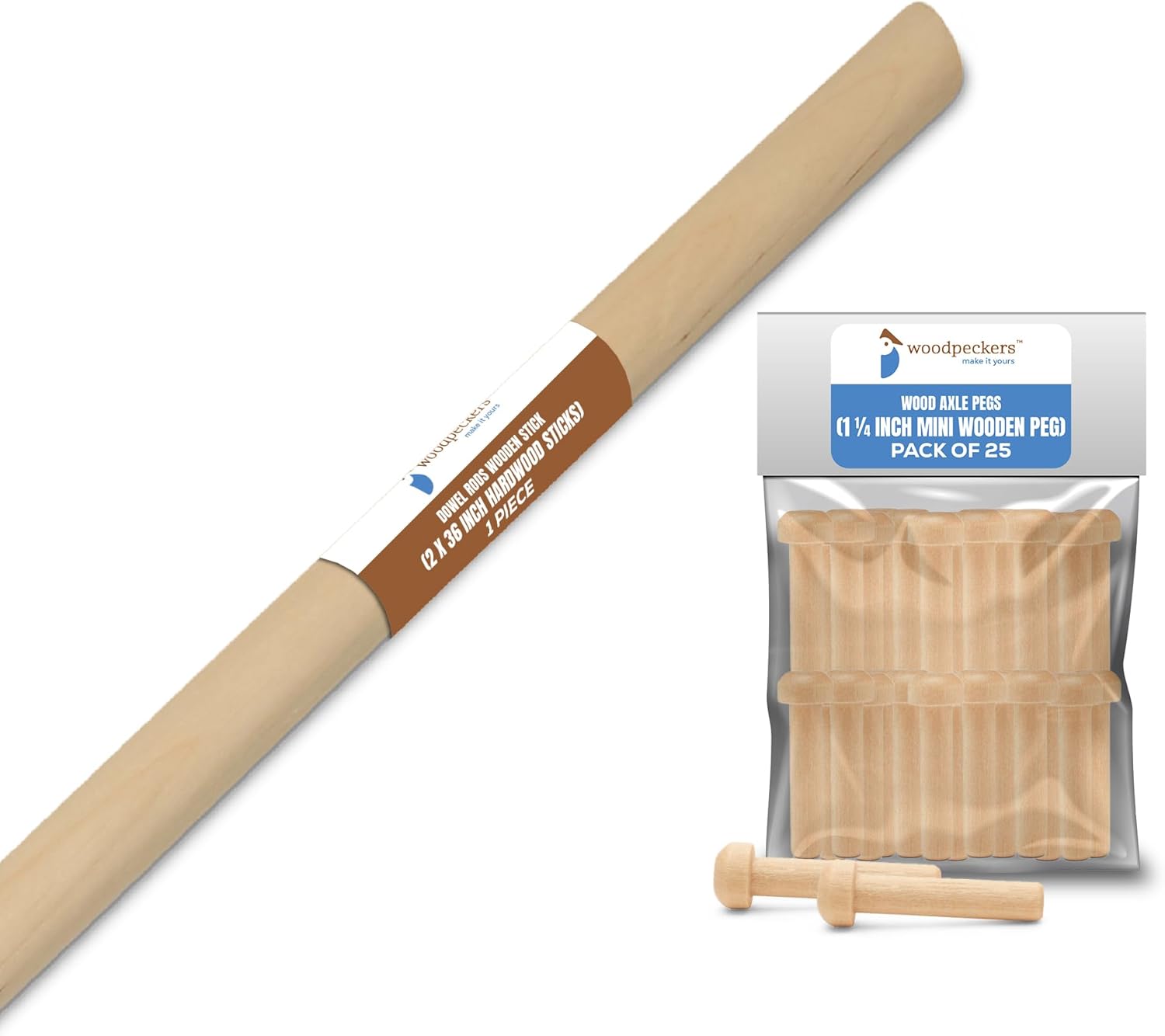 Amazon.com: Wooden Dowel Rods - 2 x 36 Inch 1 Piece and Wood Axle Pegs ...