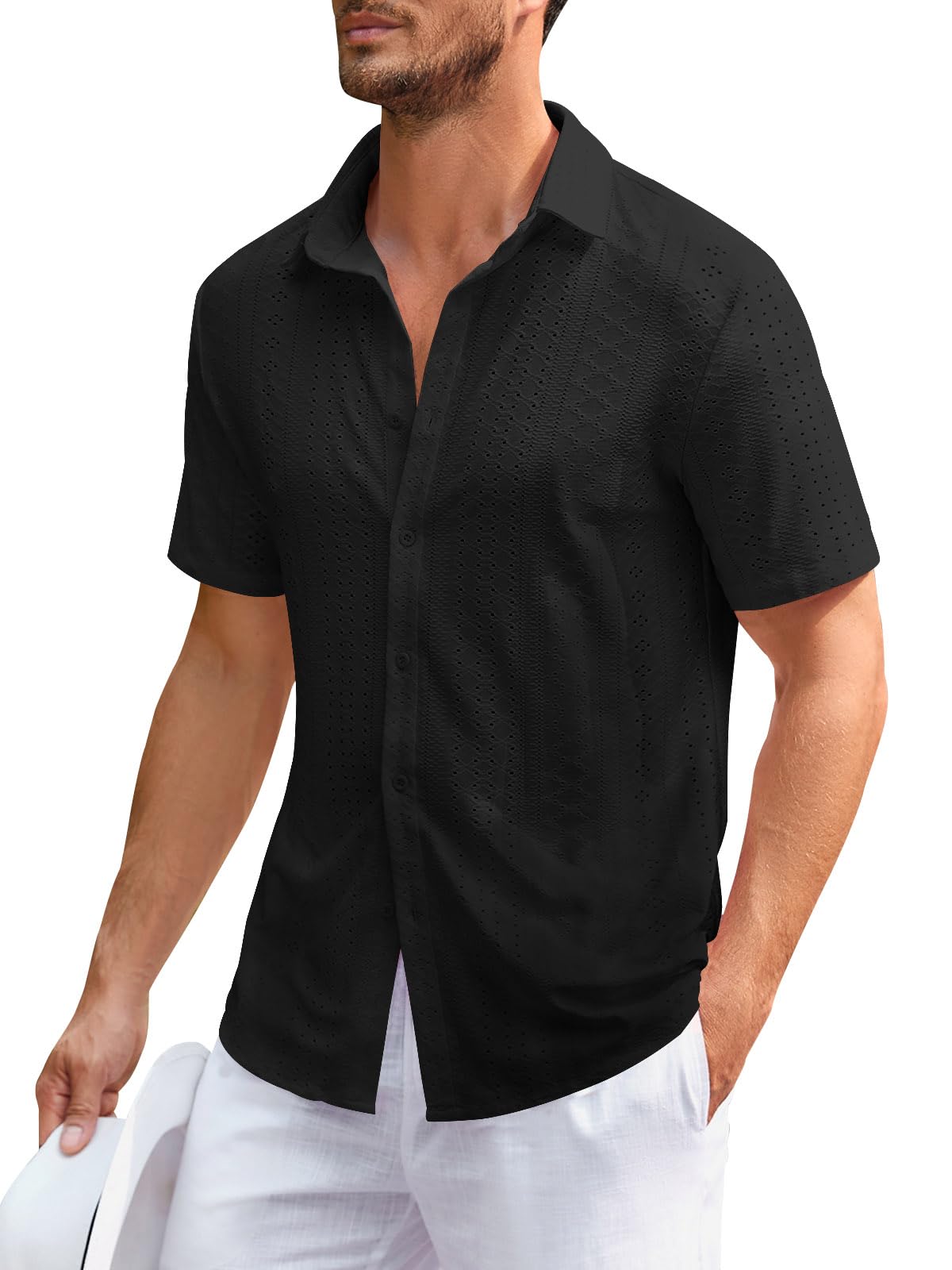 Makkrom Mens Short Sleeve Guayabera Shirt Button Down Lapel Hollow Out ...