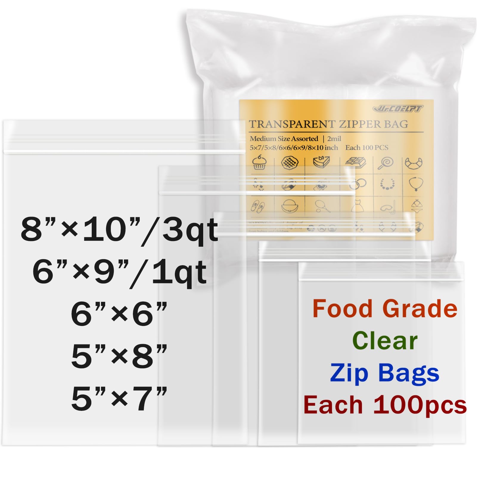Amazon.com: 5 Various Medium Size Zip Bags Bulk, each 100x, 2mil Thick ...