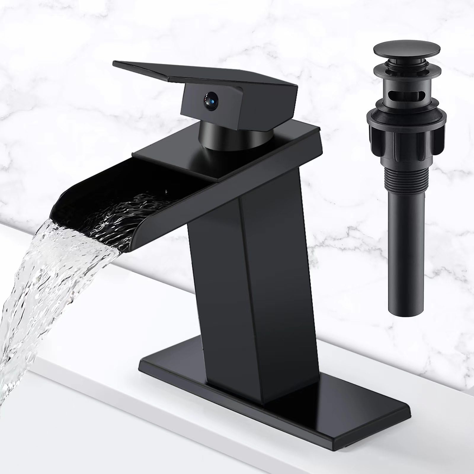 Black Single Handle Bathroom Sink Faucet, Waterfall Spout Brass Single ...