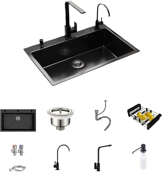 Black Built-In Kitchen Sink, 1 Bowl with Drainer, Scratchproof Kitchen ...