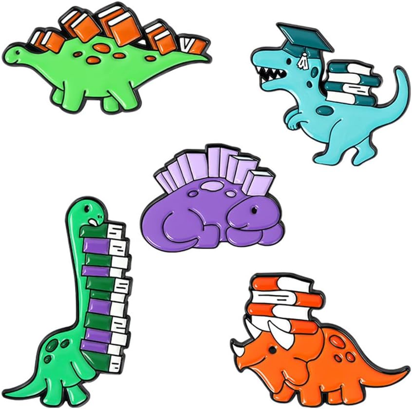 Amazon.com: Book and Dinosaur Brooch Set Cute Dinosaur Enamel Pin ...