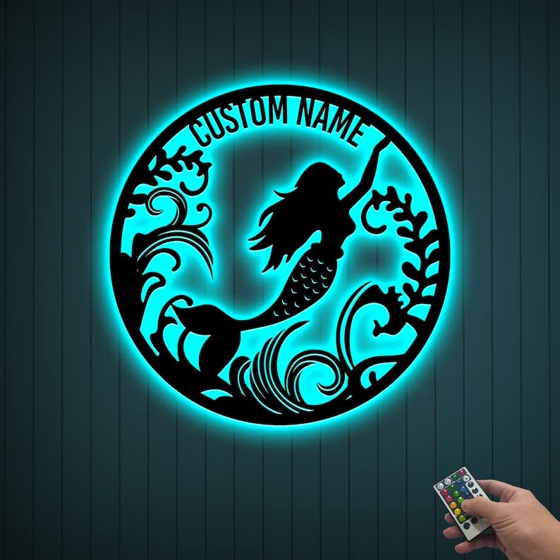 Amazon.com: POLOMANOR Custom Mermaid Metal Wall Art with Led Light ...