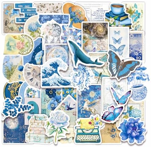 Huipalon 50 Pcs Blue Stickers Aesthetic Vintage Scrapbook Stickers ...