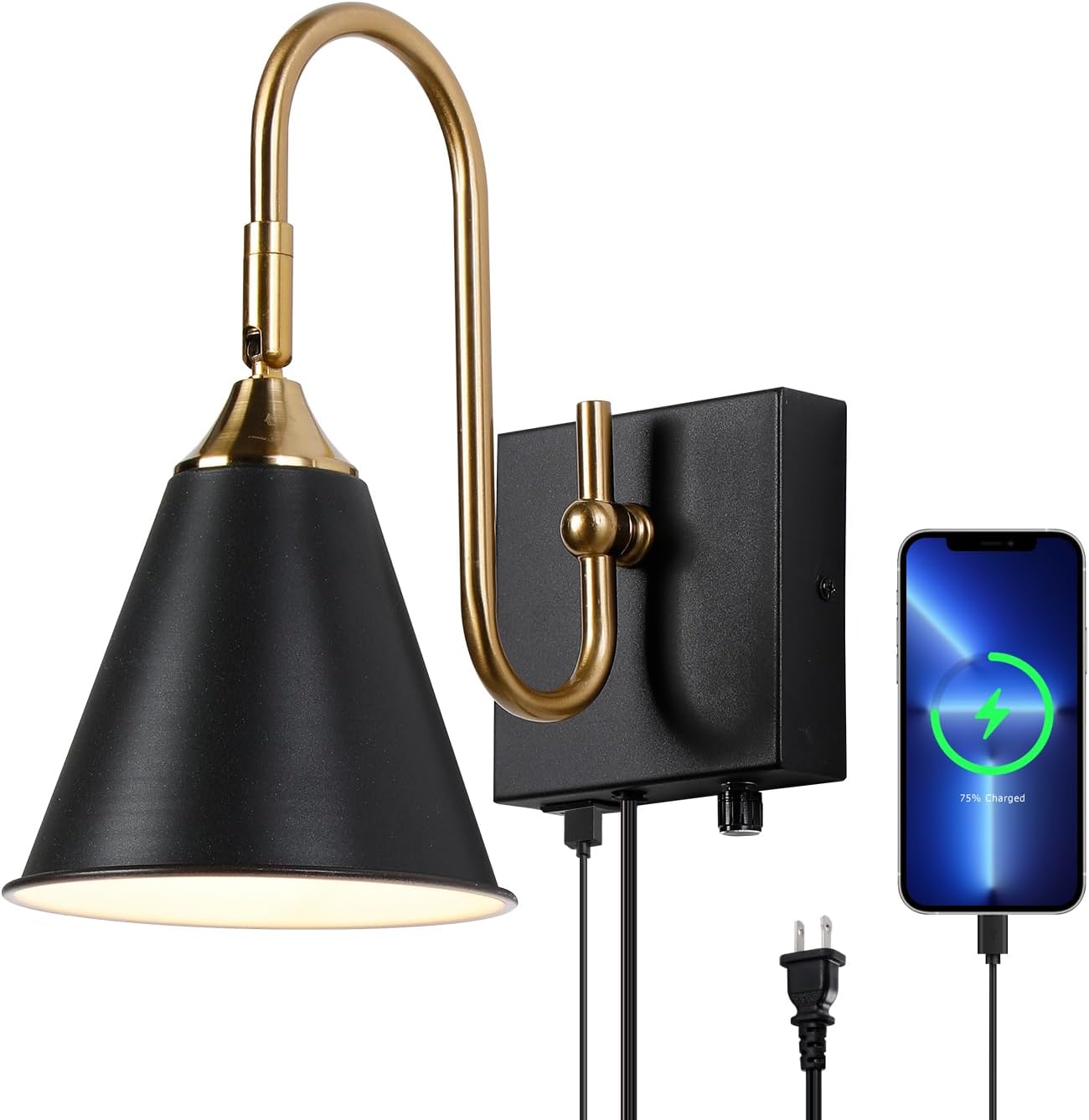 Plug in Sconce with Dimmable Switch and USB Port, Vintage Adjustable ...