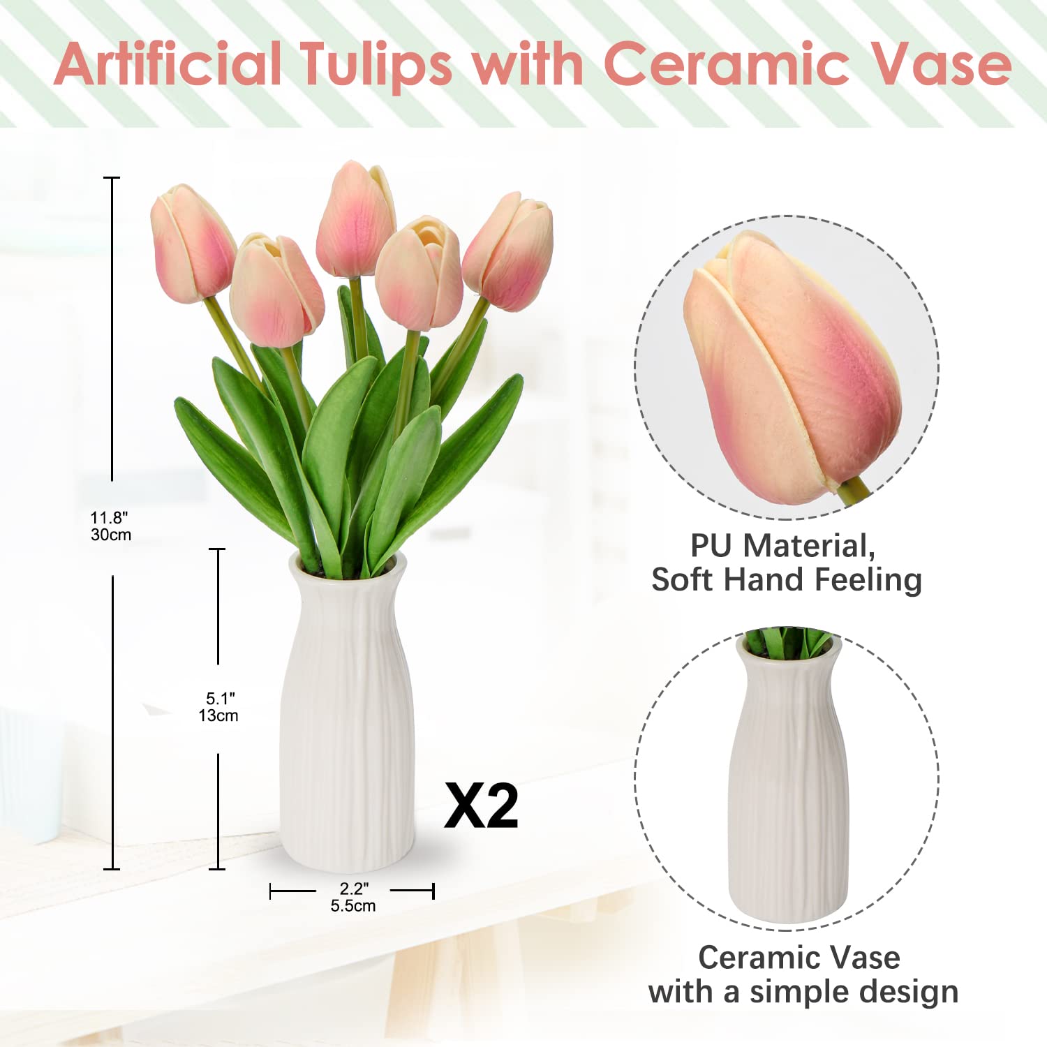 Briful 2 Packs Faux Flowers Artificial Tulips with Ceramic Vase, Poly ...