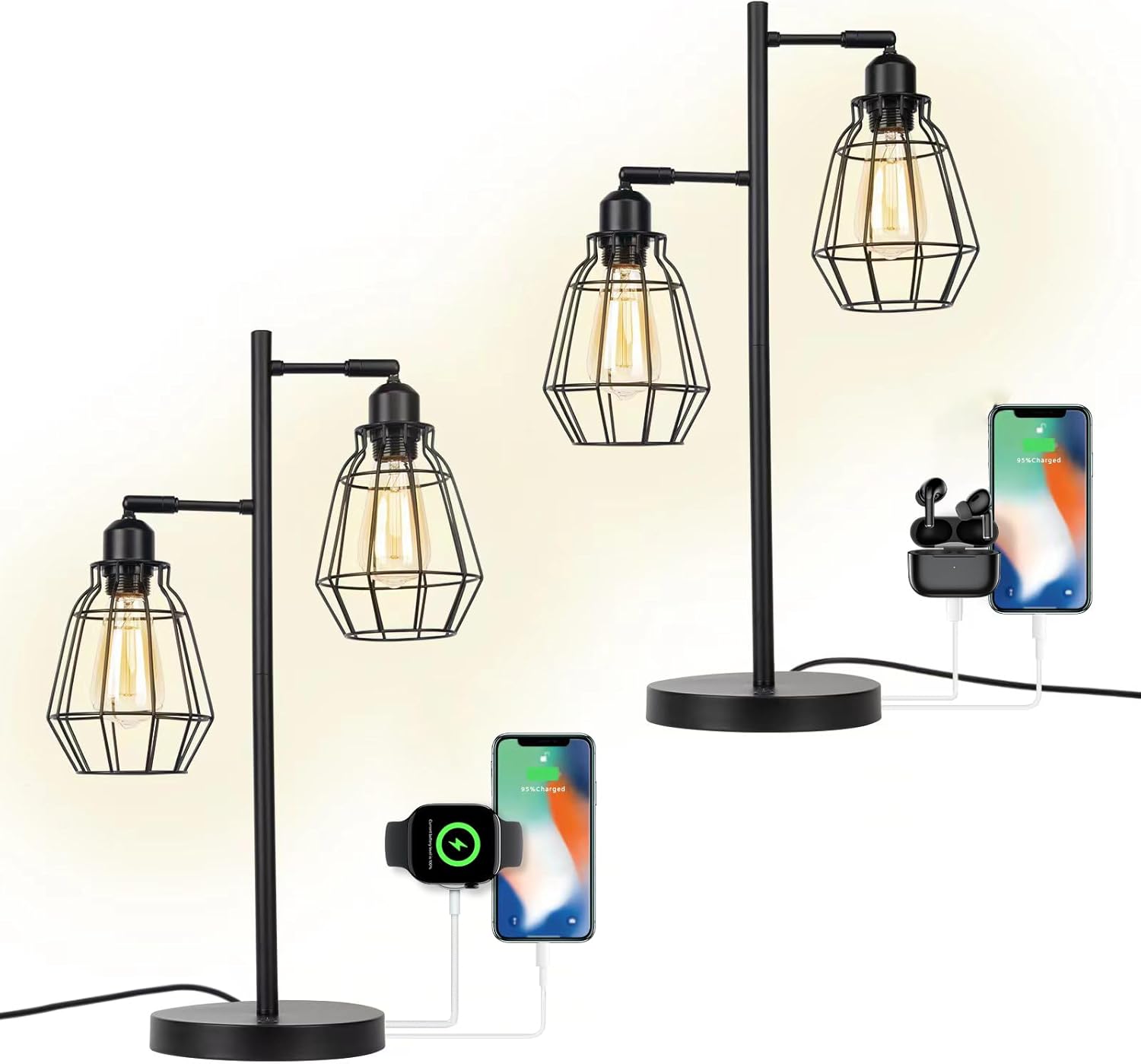 JCPYIUL Industrial Black Table Lamps Set of 2, Night Stand Lights with ...