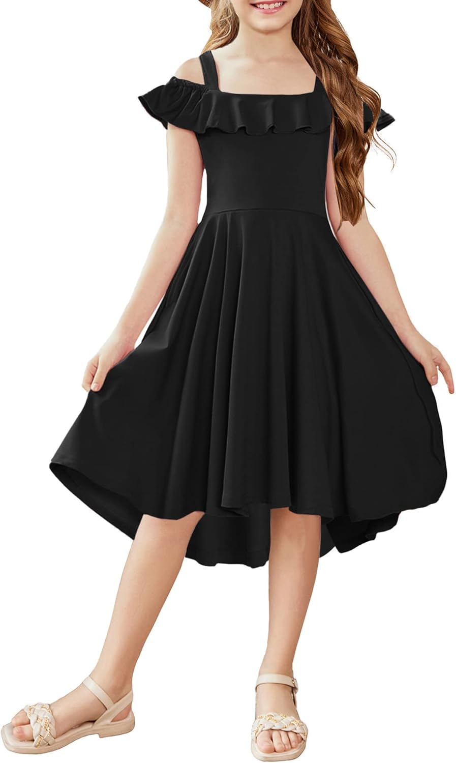 Arshiner Girls Summer Dress Off Shoulder Flutter Sleeve Midi Swing ...