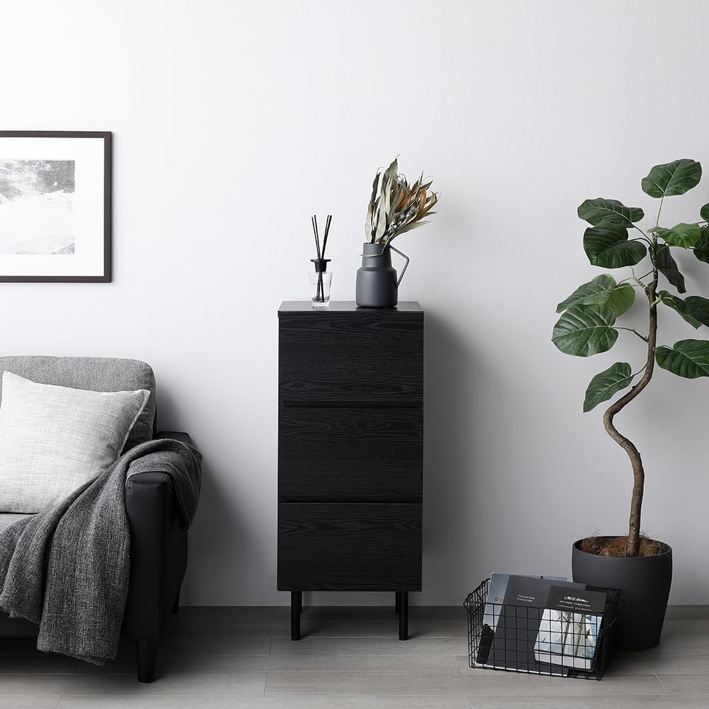 Amazon｜RASIK チェスト タンス 収納 スリム3段 幅約40cm ブラック リビング 木製 洋服収納 スチール脚 スライドレール 引き出し｜チェスト・タンス オンライン通販