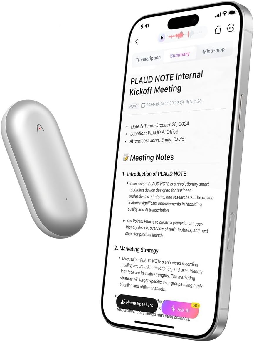 PLAUD NotePin Enregistreur Vocal IA avec kit, Contrôle d'application ...