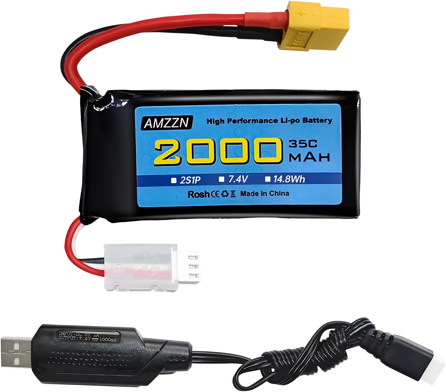 Amazon.com: AMZZN 7.4V 2000mAh 35C 2S Lipo Battery with XT60 Plug and ...