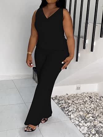 Amazon.com: Plus Size 2 Piece Outfit Sleeveless V Neck Top and Wide Leg ...