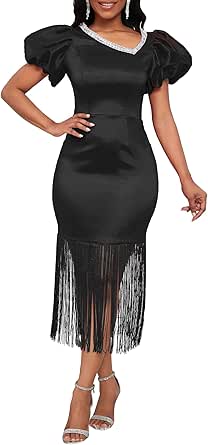 VERWIN Puff Sleeve Bodycon Dress Fringe Maxi Dress V Neck Tiered ...
