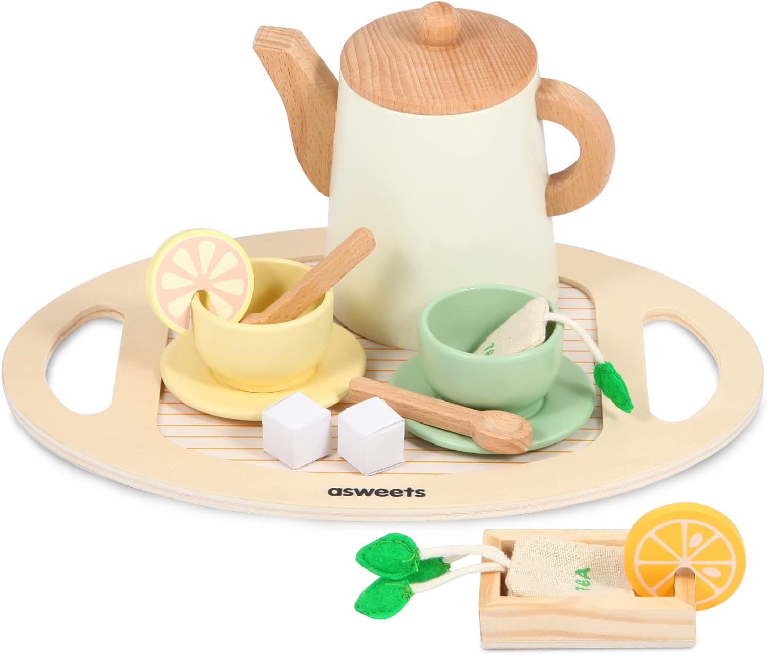 Amazon.com: Asweets Wooden Tea Set for Little Girls,Tea Party Set Play ...