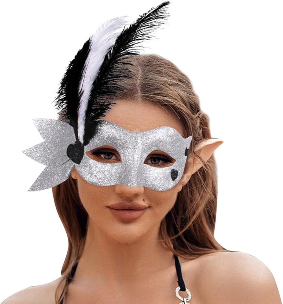 Amazon.com: Nicute Feather Masquerade Mask Silver Venetian Mask Sparkly ...