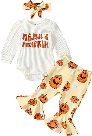 Amazon.com: Sejardin Newborn Baby Girl Halloween Clothes Pumpkin Print Long Sleeve Romper Bell ...