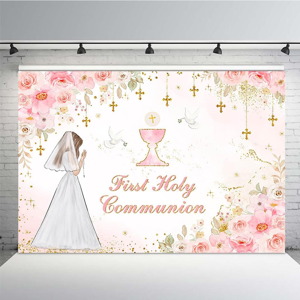 Amazon.com : MEHOFOND Pink Floral First Holy Communion Backdrop for ...
