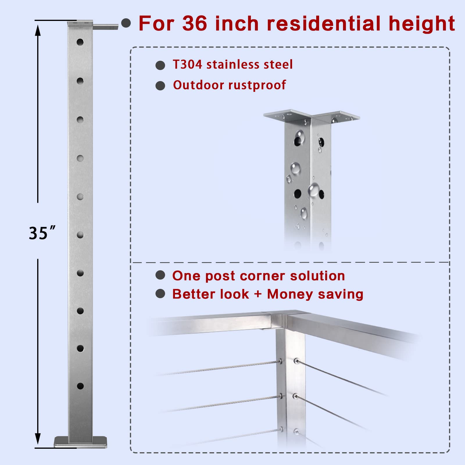 Muzata Cable Railing Corner Post Square Weldless Flat top 36"x2"x2 ...