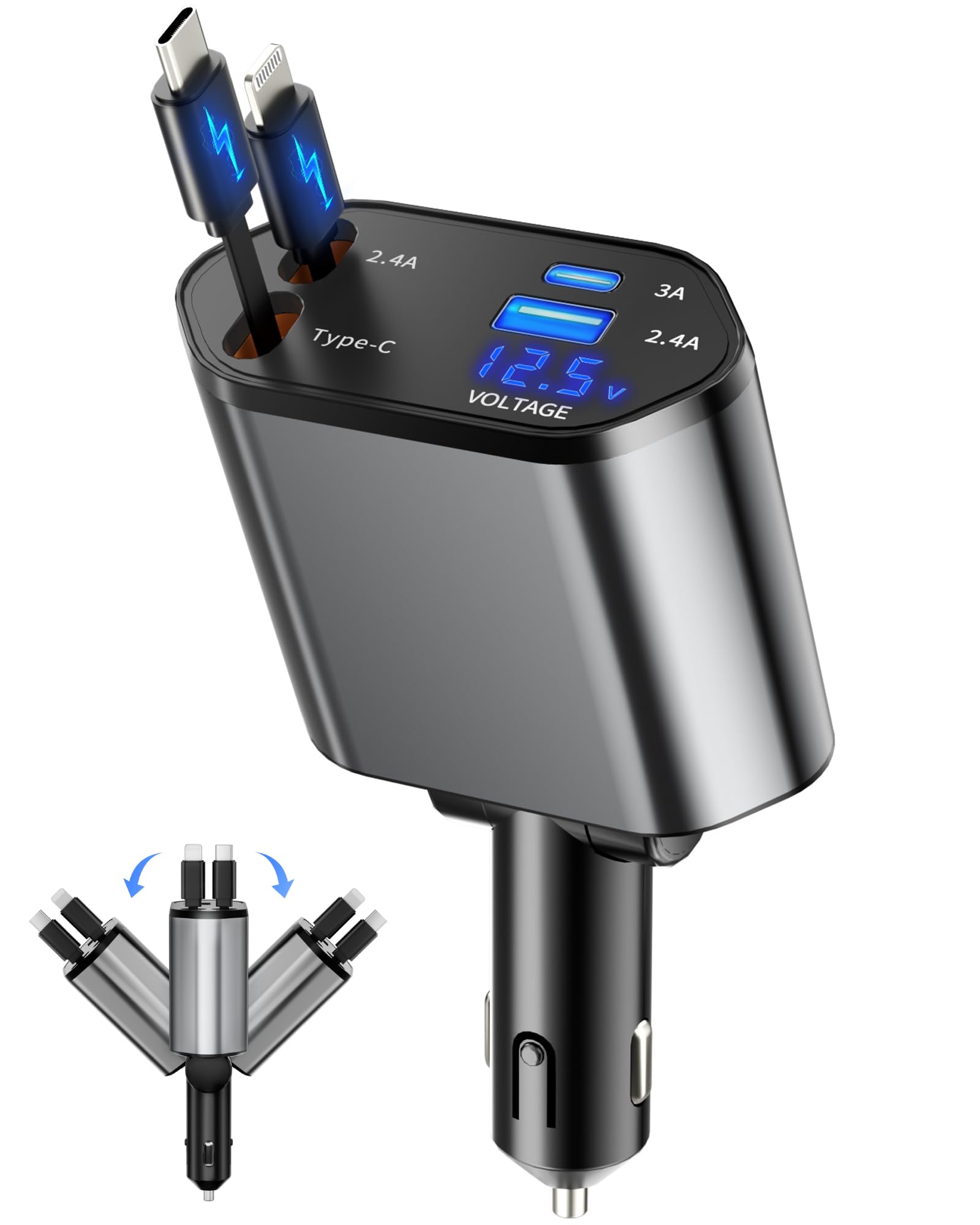 Retractable Car Charger, 4 in 1 Fast Charging Car Charger USB-C & USB-A ...
