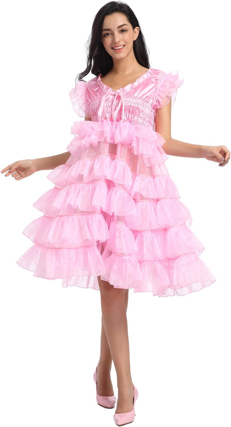 Amazon.com: JOLINE Sissy Women Pink Organza Layered Dress Crossdressing ...