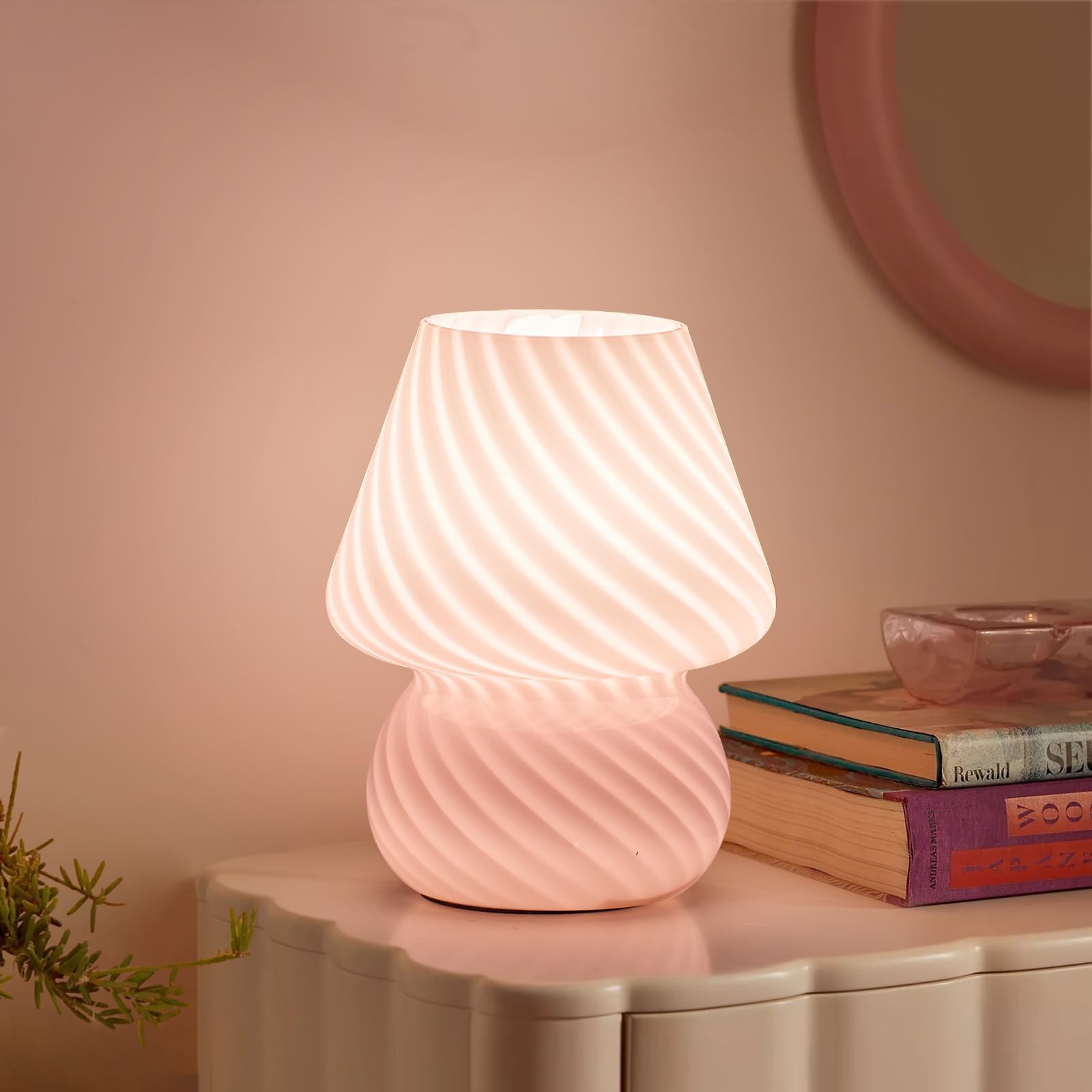 ONEWISH Mushroom Lamp - Small Bedside Table Lamp with Striped Glass ...