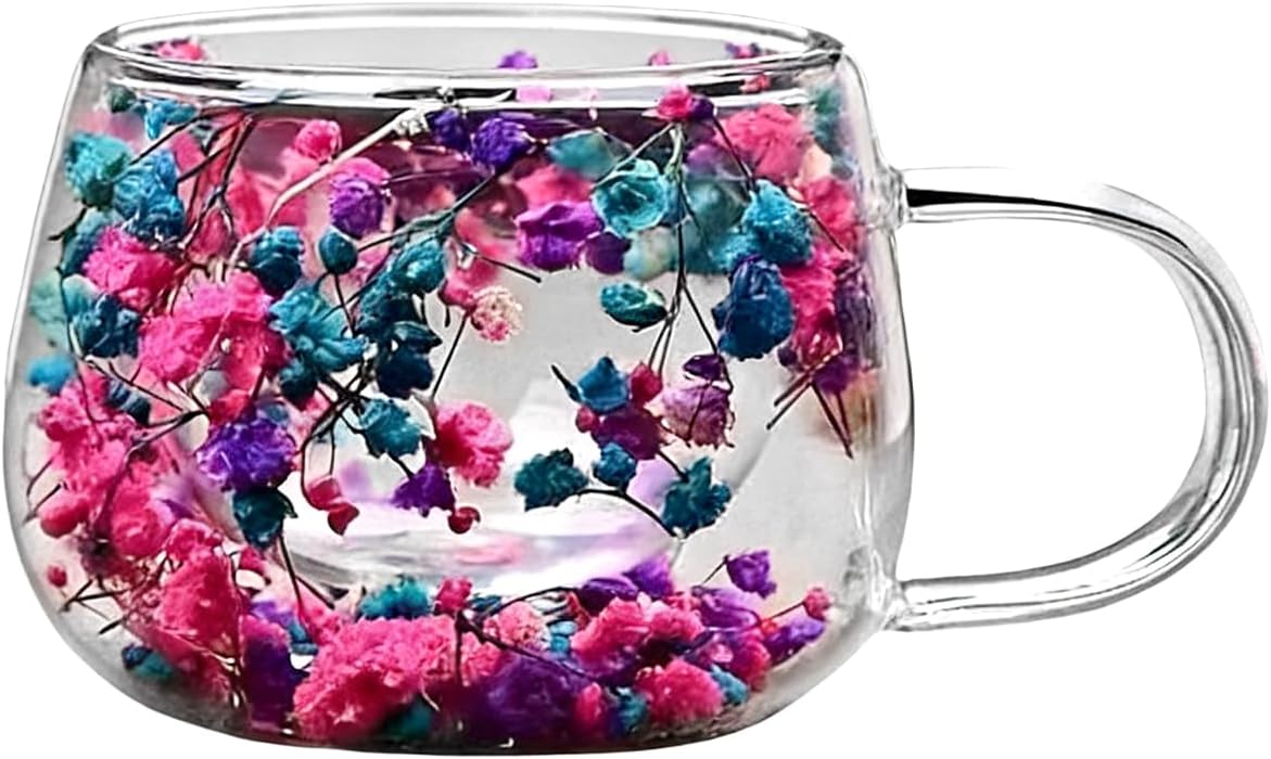Floral Glass Water Cups - Aesthetic Double Wall Mug, 300 ml Dried ...