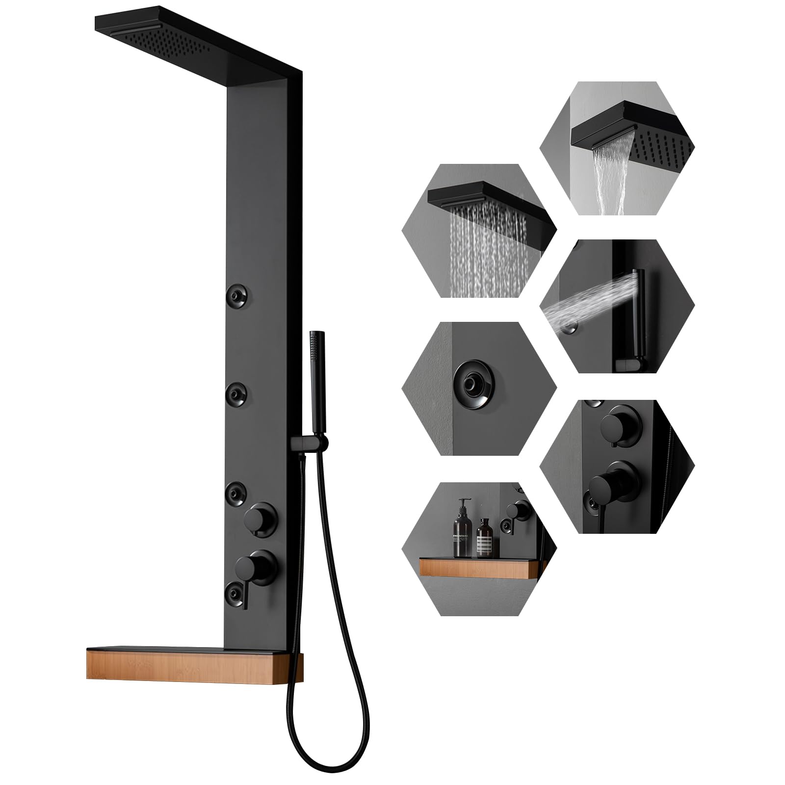 BWE 4 In 1 Shower Panel Tower System with Storage Shelf Stainless Steel ...