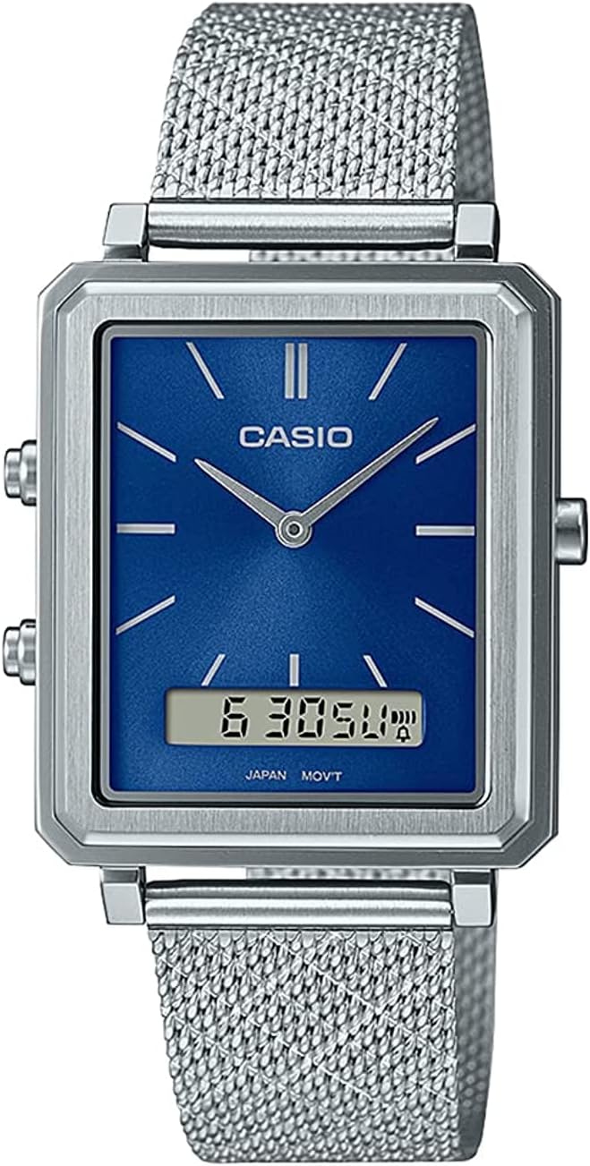 Casio Men Watch Analog Digital Blue Dial Stainless Steel Mesh Band MTP ...